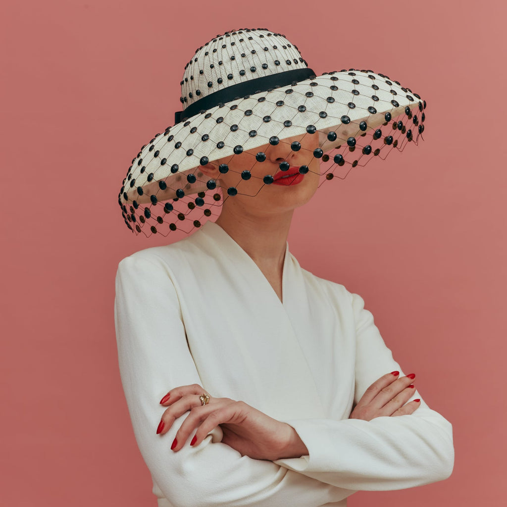 Ivory Down-Brim Picture Hat with Black Veil & Metallic Domes | Royal ...