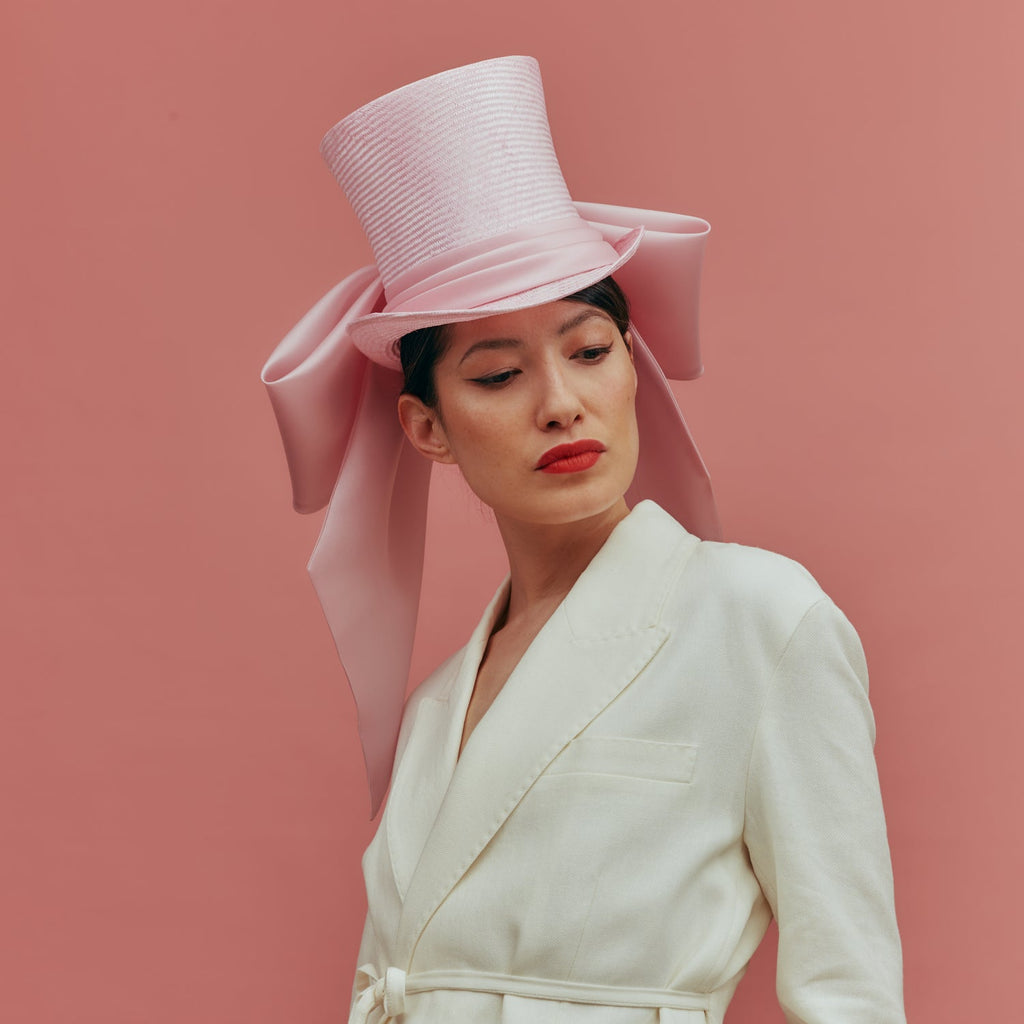 Pink Parasisal Straw Top Hat with Pink Ghazar Bow - Statement Millinery ...