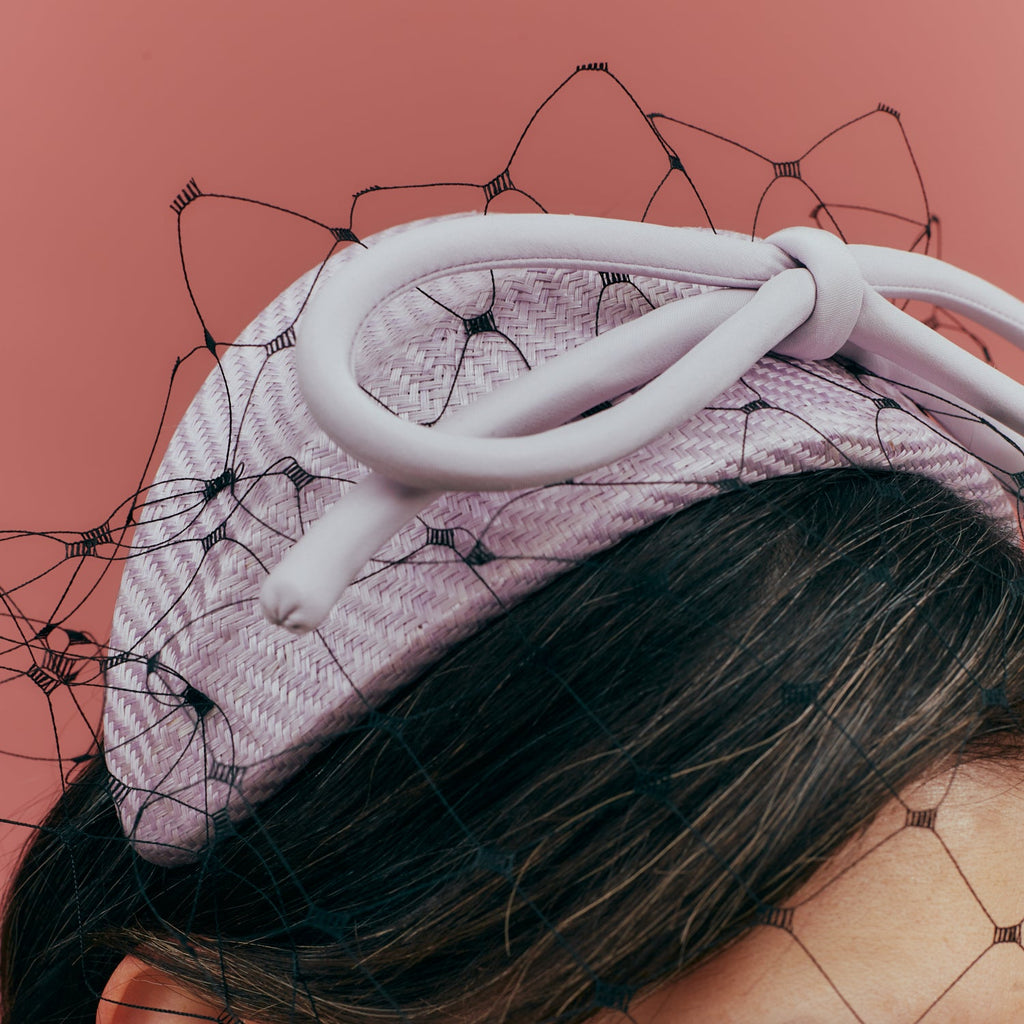 Lilac Parasisal Ridged Headband with Black Veil & Lilac Silk Bow ...