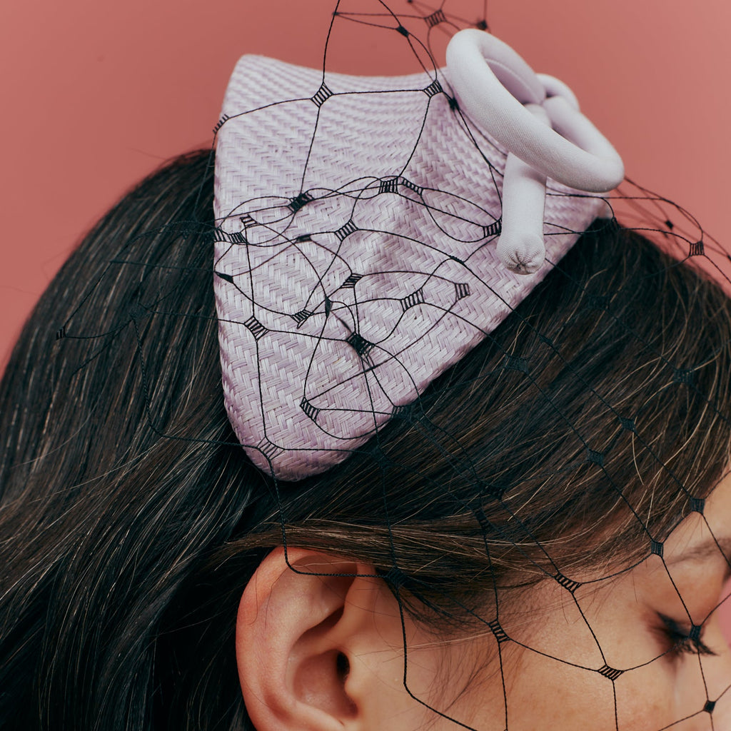 Lilac Parasisal Ridged Headband with Black Veil & Lilac Silk Bow ...