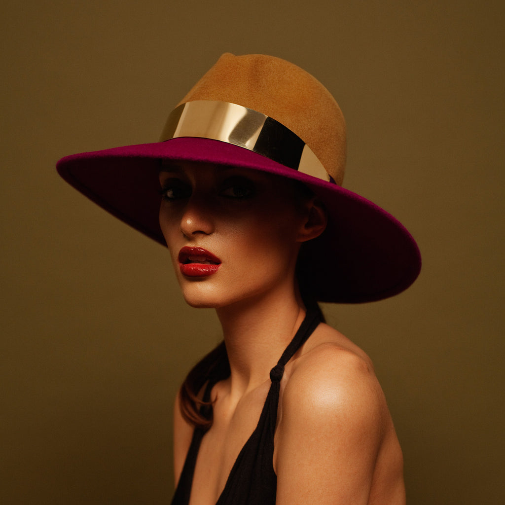 Awon Golding Millinery streetstyle two tone felt fedora hat gold brass