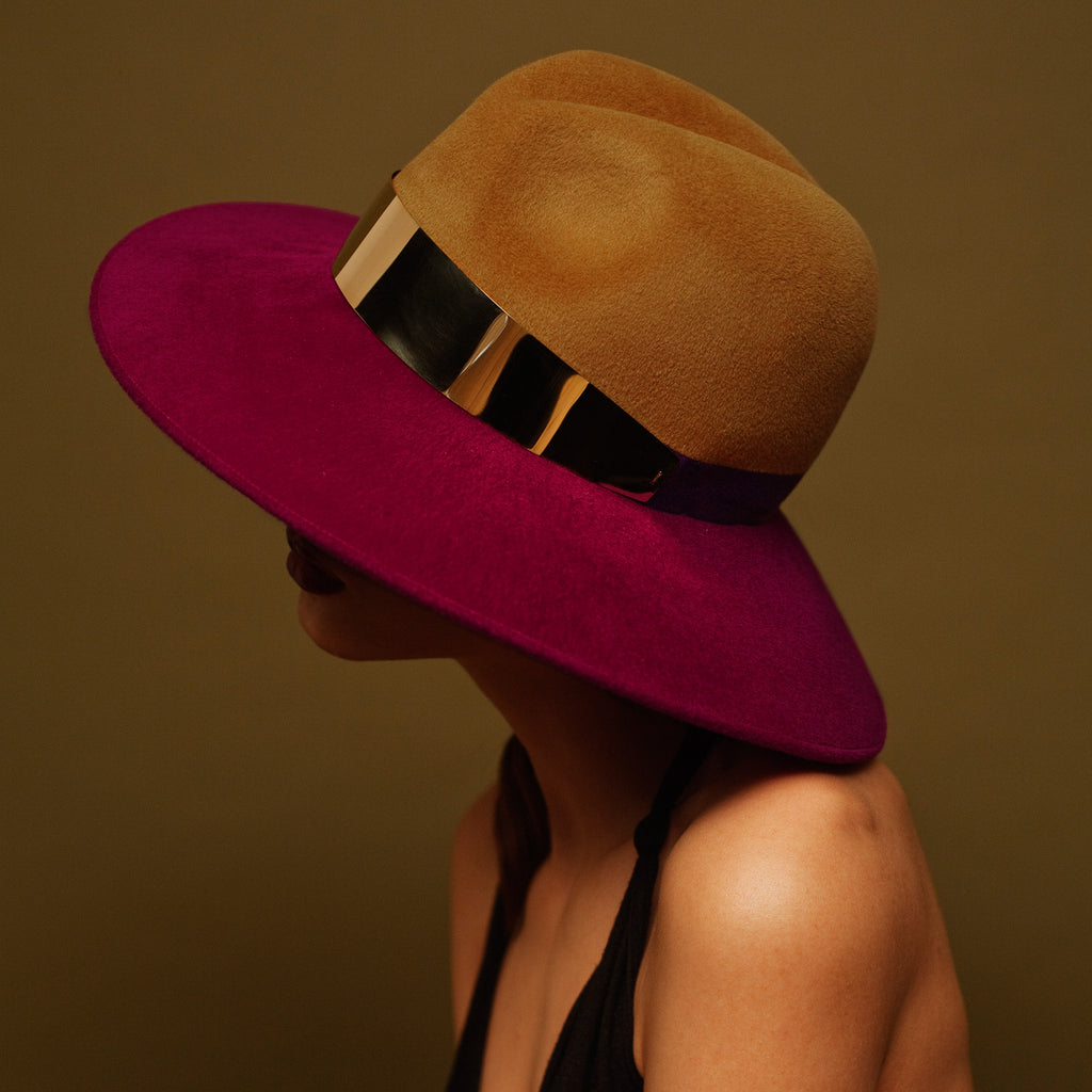 Awon Golding Millinery streetstyle two tone felt fedora hat gold brass